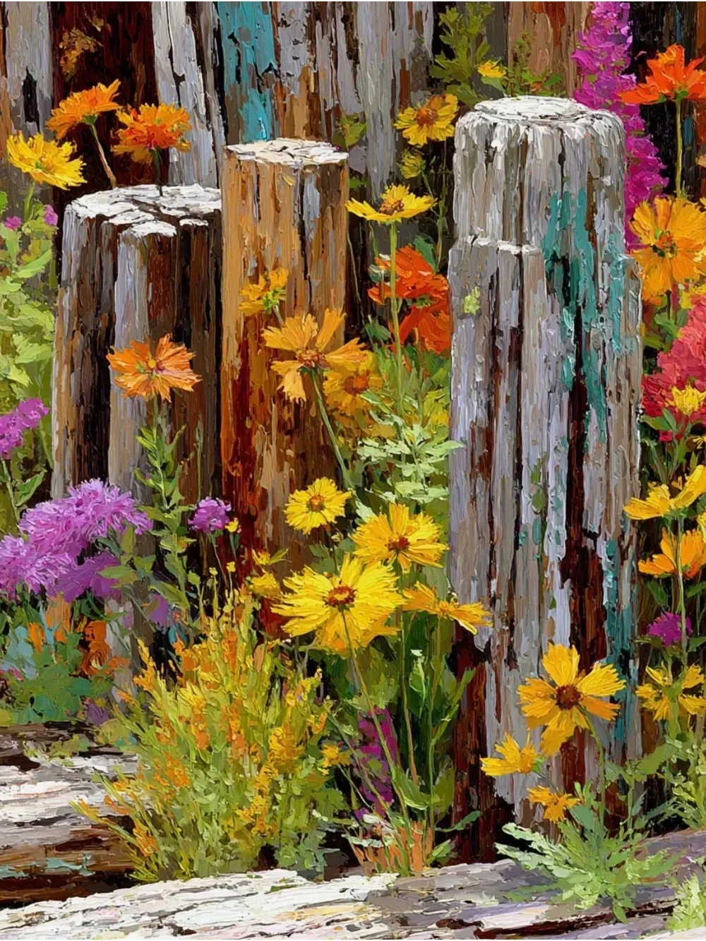 Art | Bright Wildflower Garden Print With Weathered Wood Posts | Poshmark